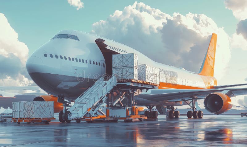 Cargo Loading on a Large Commercial Airplane at an Airport with ...