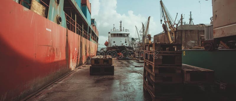 Cargo Loading Operations Busy Dockyard Ships Containers Stock Photos ...