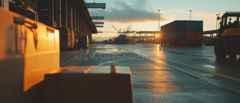 Cargo Loading Operations Underway at a Busy Terminal during Sunset ...