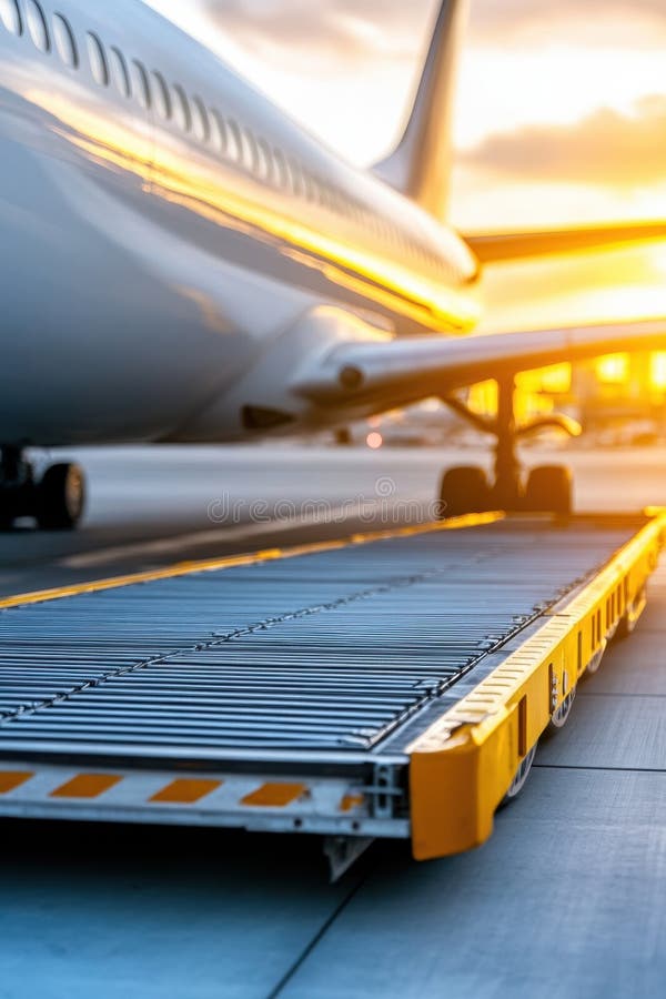 Airplane Cargo Loading at Sunset with Vibrant Sky Reflections, AI Stock ...