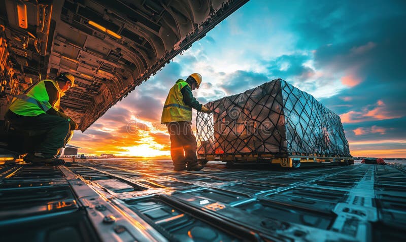 Cargo Loading at Sunset on Military Transport Aircraft with Workers in ...