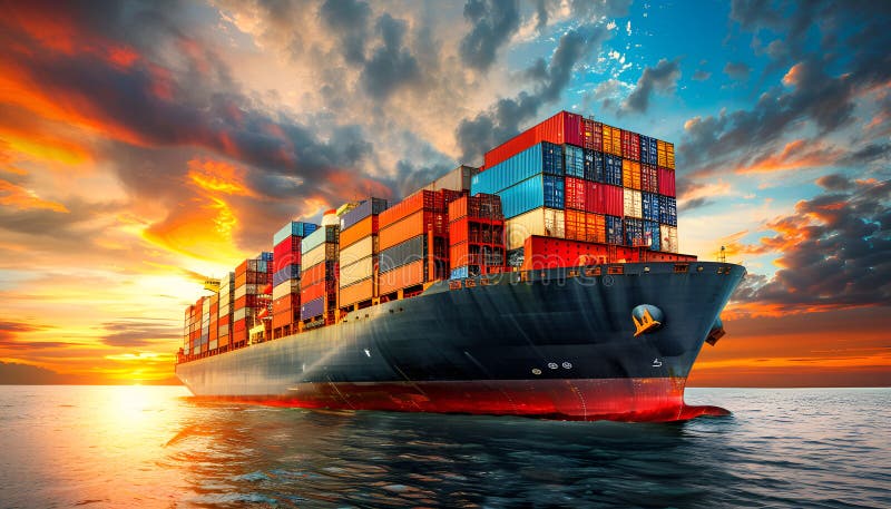 Cargo Maritime Ship with Contrail in the Ocean Ship Carrying Container ...