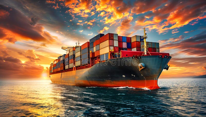 Cargo Maritime Ship with Contrail in the Ocean Ship Carrying Container ...