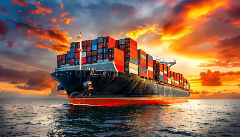 Cargo Maritime Ship with Contrail in the Ocean Ship Carrying Container ...