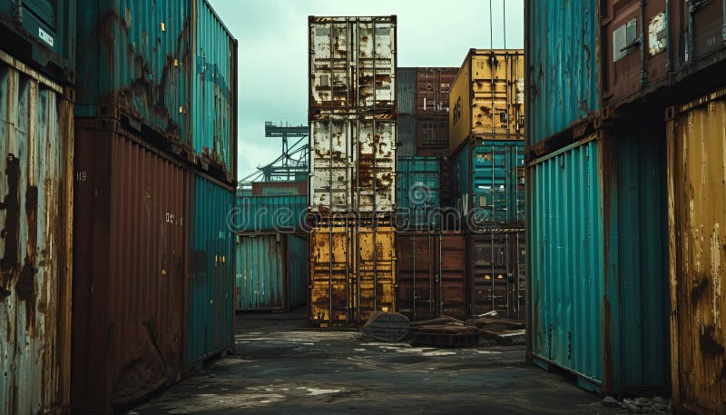 Cargo Multicolored Old Containers with Corrosion in Cloudy Weather ...