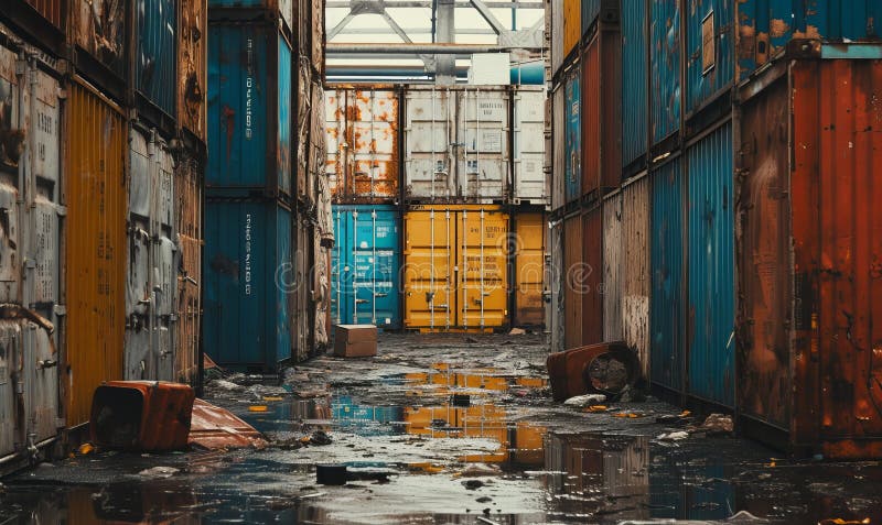 Cargo Multicolored Old Containers with Corrosion in Cloudy Weather ...