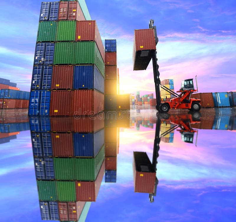 Cargo Operation in the Container Yard with Reflection Effect. Stock ...