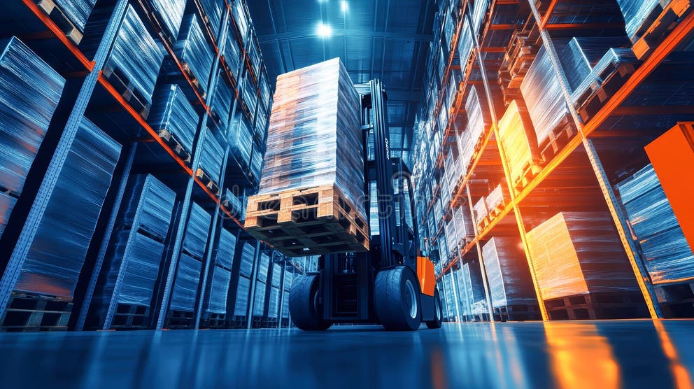 Cargo Pallet Elevated by Forklift in a Modern Warehouse, Showcasing Efficient Storage Solutions ...