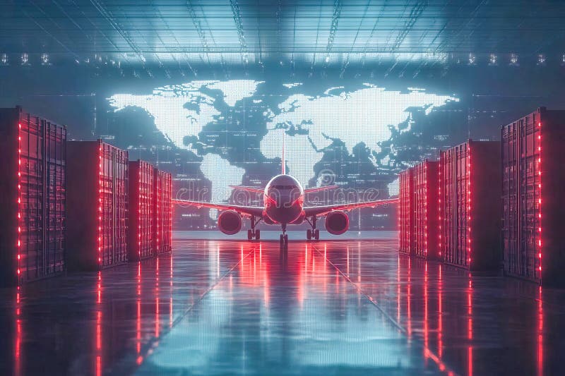 Cargo Plane at the Airport with Cargo Containers and Symbolic Map of ...