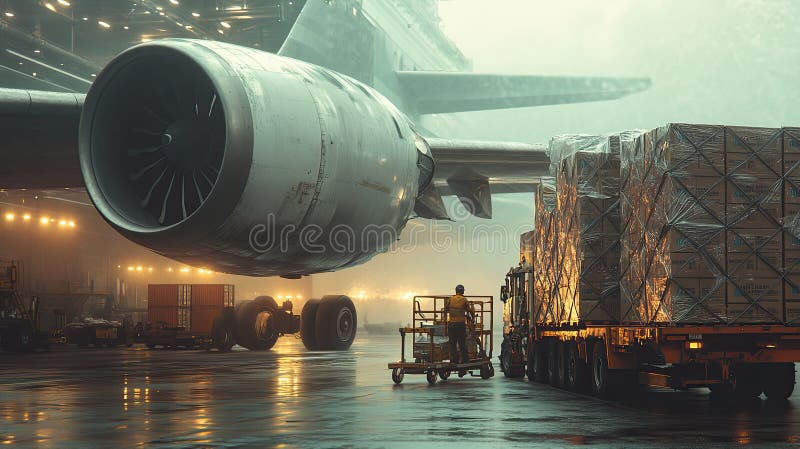Cargo Plane Being Loaded with Boxes in a Foggy Airport Stock ...