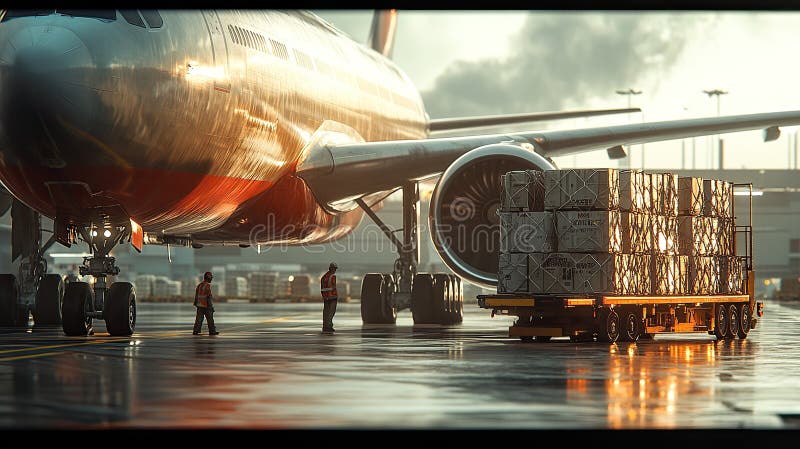 Cargo Plane Being Loaded with Boxes by Workers on a Wet Tarmac Stock ...