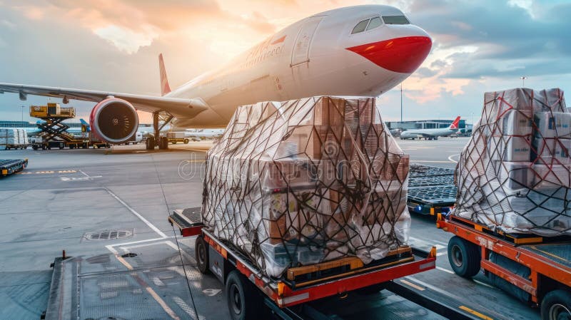 A Cargo Plane Being Loaded with Packages at an Airport Stock ...