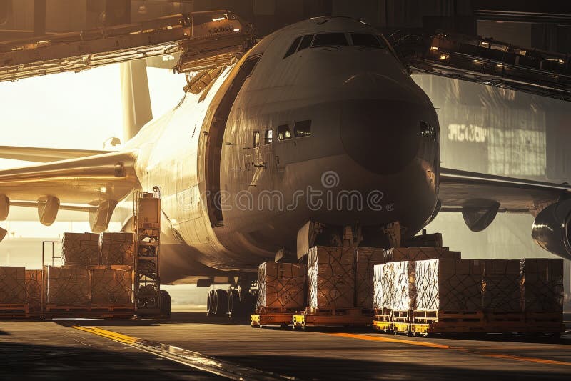 Cargo Plane Being Loaded with Packages in a Hangar Stock Illustration ...