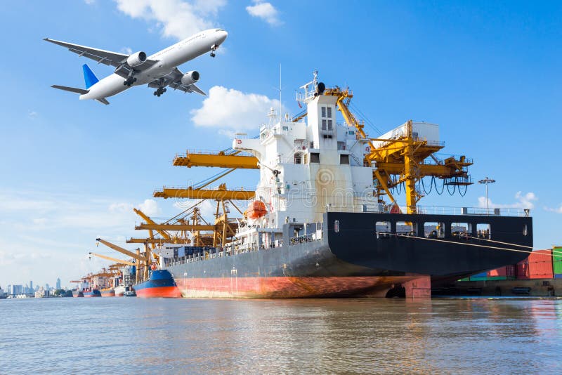 Cargo Plane Flying Above Ship Port for Logistic Import Export Stock ...