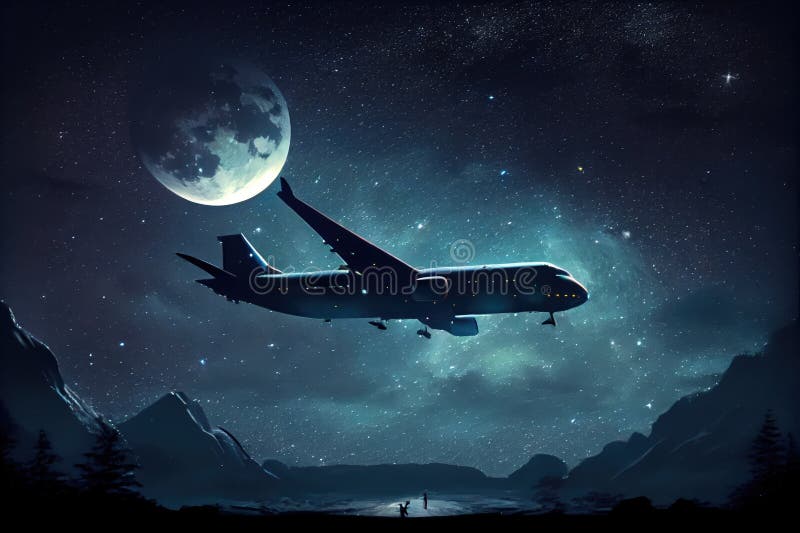Cargo Plane Flying through the Night Sky, with Starry and Moonlit ...