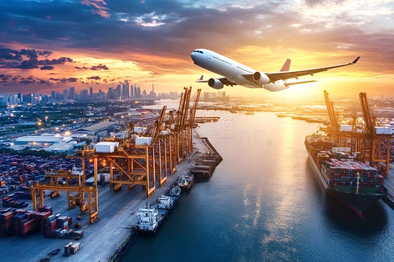 Airplane Flying Over Container Ship Cranes Harbor Sunset Stock Photos ...