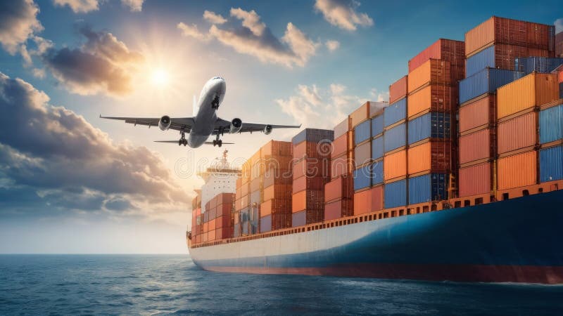 Cargo Plane Flying Over Container Ship at Sunset Delivering Goods Stock ...