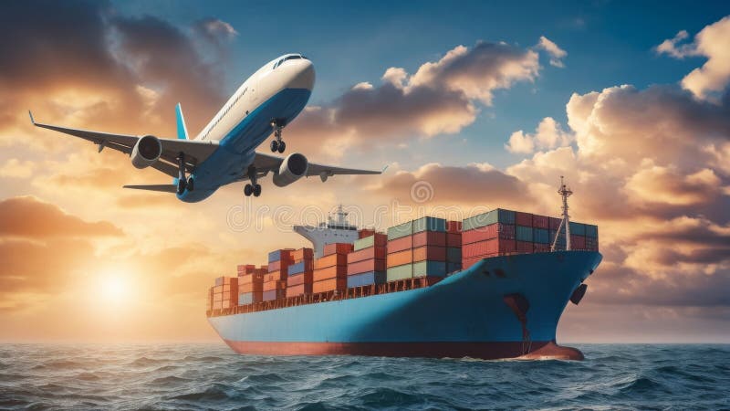 Cargo Plane Flying Over Container Ship at Sunset Delivering Goods Stock ...