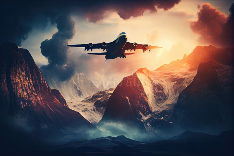 Cargo Plane Flying Over Mountain Range, with Dramatic Clouds and ...