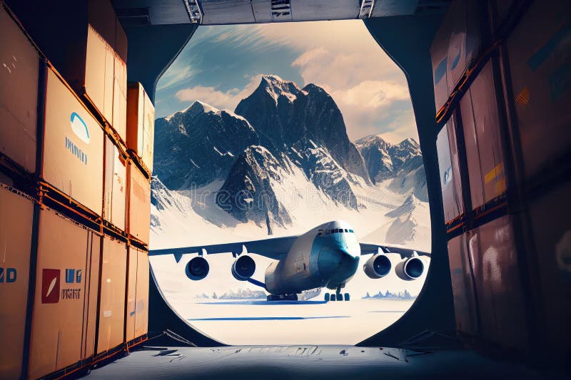 Cargo Plane Flying Over Snowy Mountain Range, with View of the Peaks ...