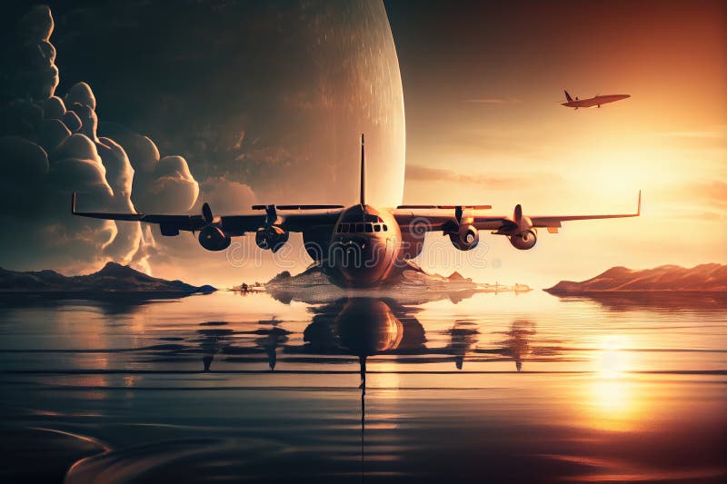 Cargo Plane Flying Over Water with Reflection of Sun in the Sky Stock ...