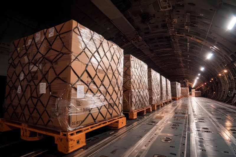 Cargo Plane Holding Humanitarian Aid Packages Secured on Pallets Stock ...