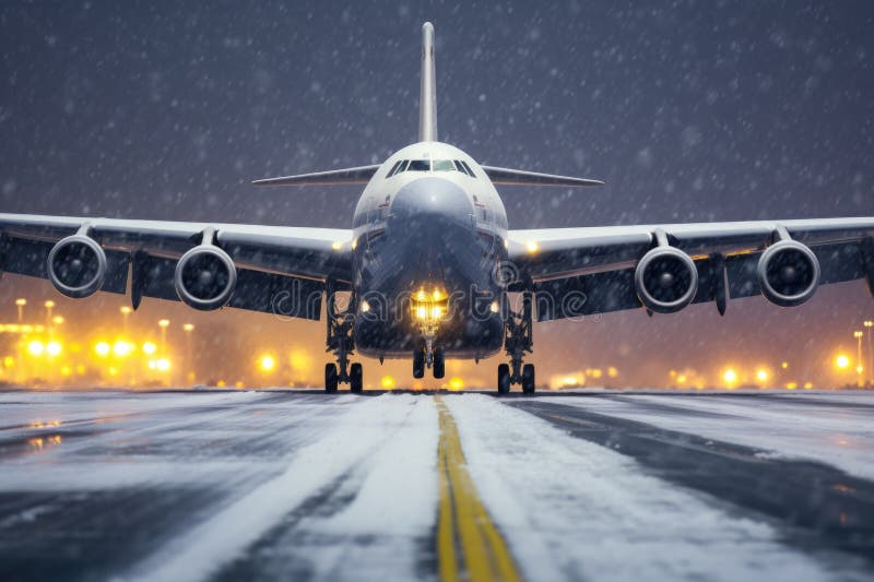 Cargo Plane Landing on a Snowy Runway, with Snowflakes Falling Stock ...