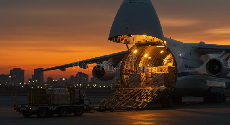 Cargo Plane Loading at Sunset with City Skyline Stock Illustration ...
