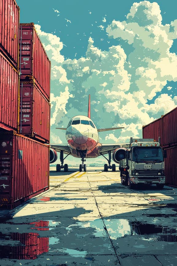 Cargo Plane Loading between Towering Shipping Containers and Bright Sky ...