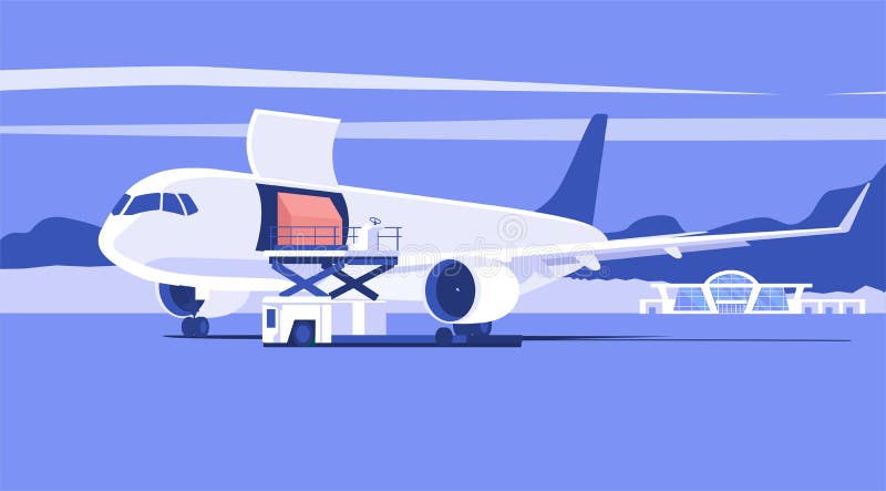 Cargo Plane with Open Cargo Hatch while Loading Container. Vector ...