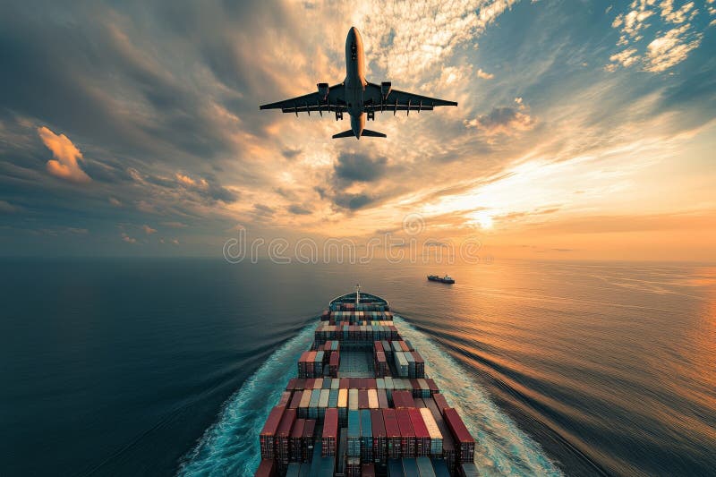 Cargo Plane Over Container Ship a Stunning View of Global Import and ...