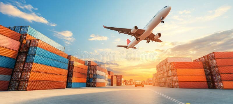 Cargo Plane Soaring Above Bustling Container Terminal at Sunset, Global ...