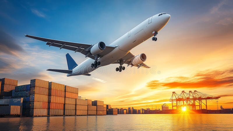 Cargo Plane Soaring Over a Busy Seaport with Shipping Containers and ...