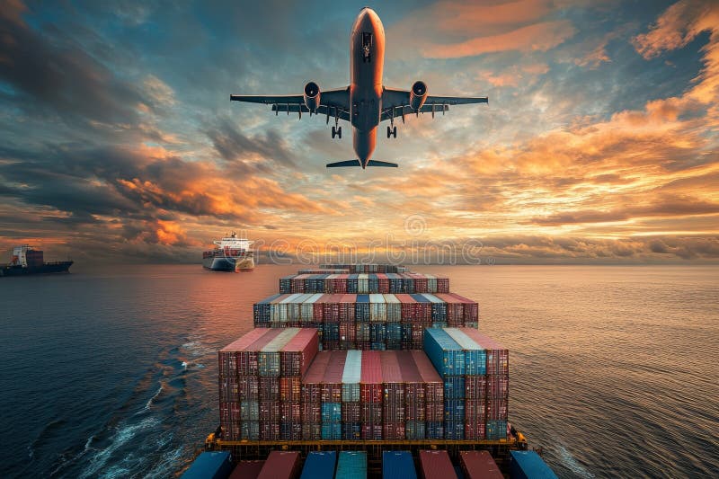Cargo Plane Soars Over Busy Container Ship, Highlighting Global Trade ...
