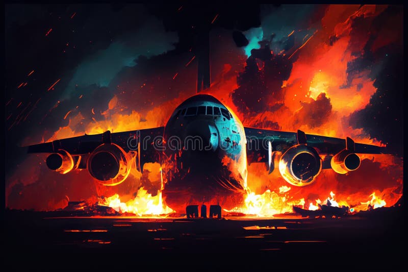 Cargo Plane, Surrounded by Burning Flames in Night Sky Stock ...