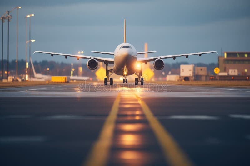 Cargo Plane Taking Off with Runway Lights in the Foreground Stock ...
