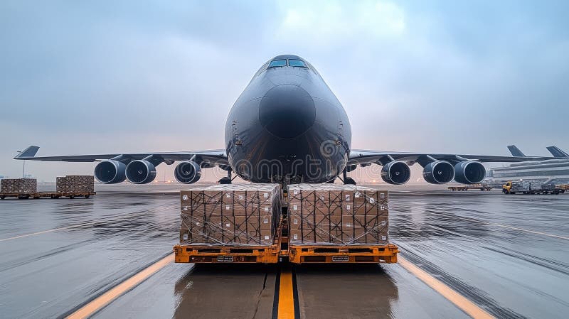Cargo Plane on Tarmac with Pallets of Boxes Ready for Loading Stock ...