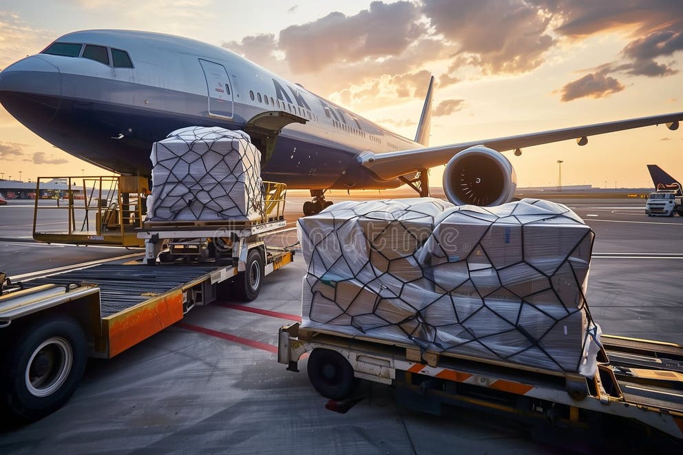Cargo Plane Undergoing Loading Operations at Airport during Sunset ...