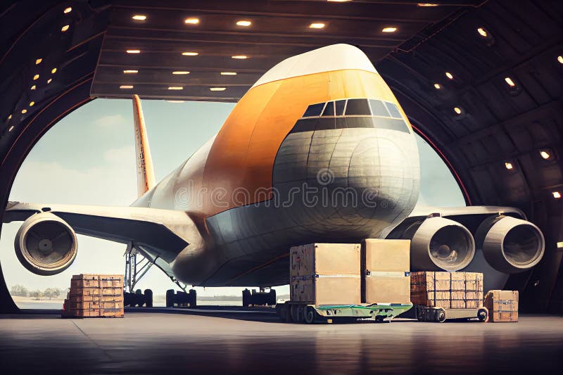 Cargo Plane Unloads Containers with Boxes, Air Freight Illustration ...