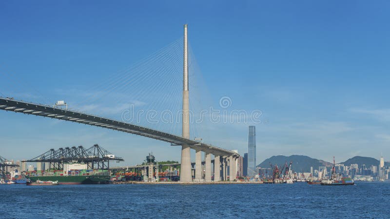 Bridge and Cargo Port in Hong Kong City Stock Image - Image of bridge ...