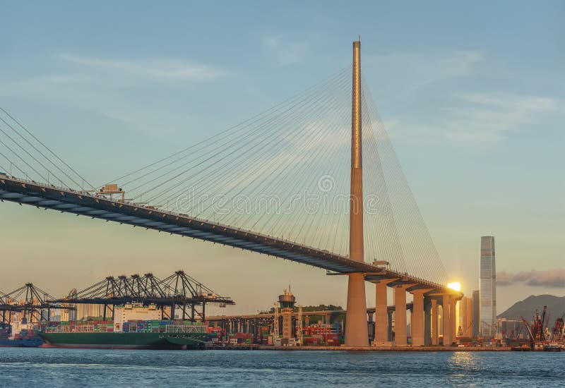Cargo Port and Bridge in Hong Kong City Stock Image - Image of ...