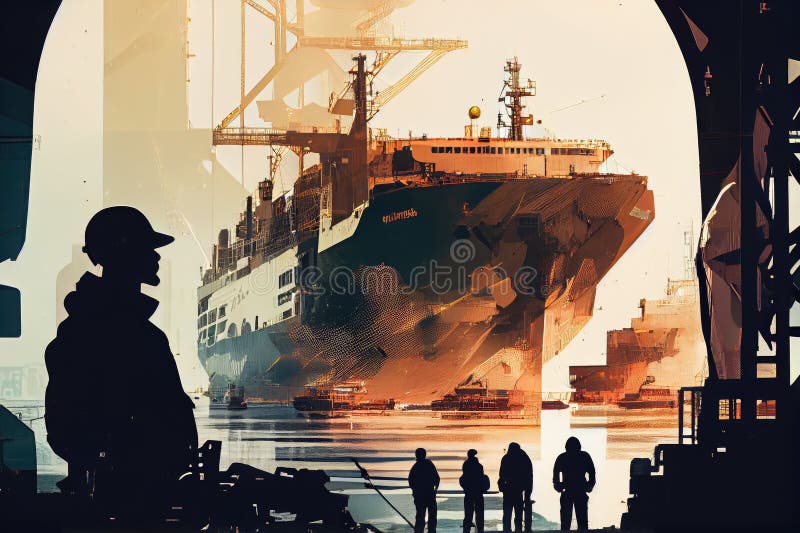 Cargo Port, with Busy Workers and Cargo Ships in the Background, Double ...