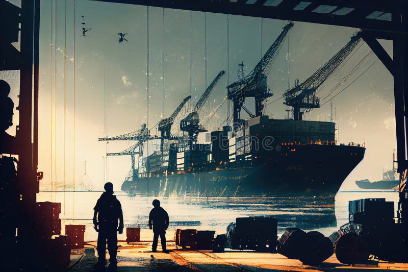 Cargo Port, with Busy Workers and Cargo Ships in the Background, Double ...