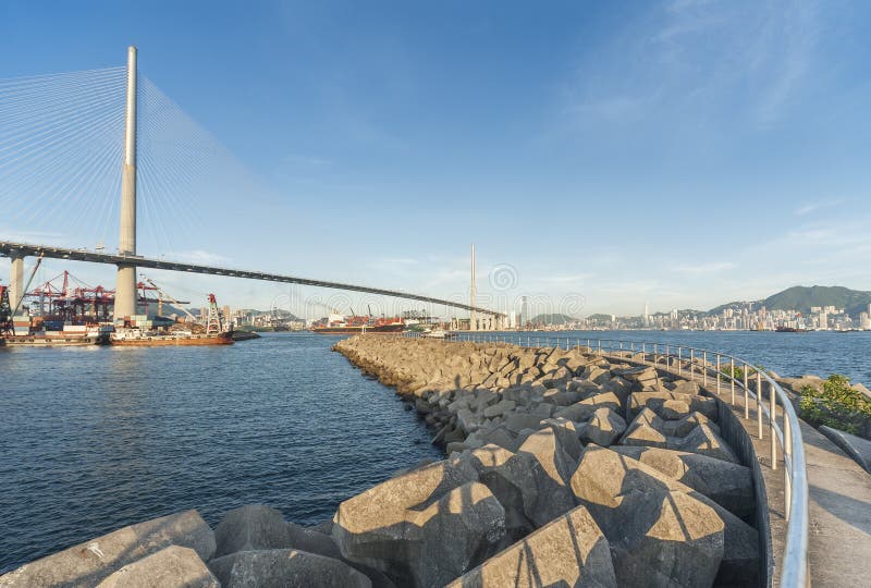 Cargo port, dam and bridge stock photo. Image of freight - 137167070