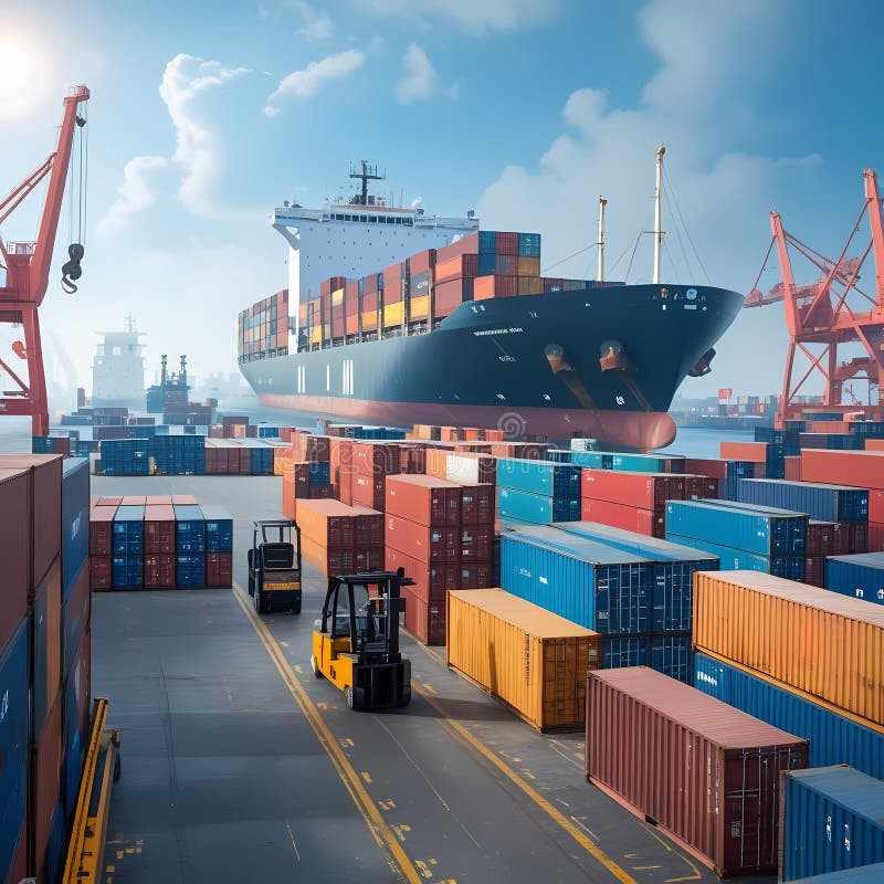 Cargo Port Featuring Container Ships and Stacked Shipping Containers in ...
