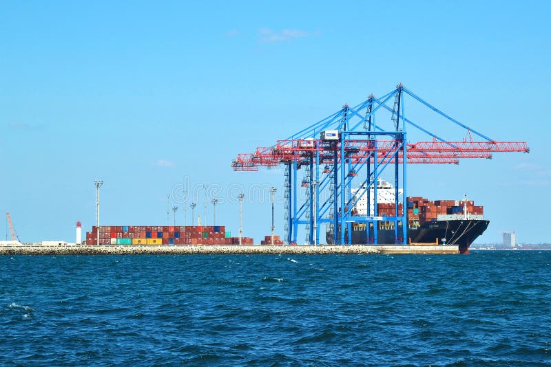 Cargo Port Loaded with Ship at Pier, Under Loading Cranes, Stacked ...