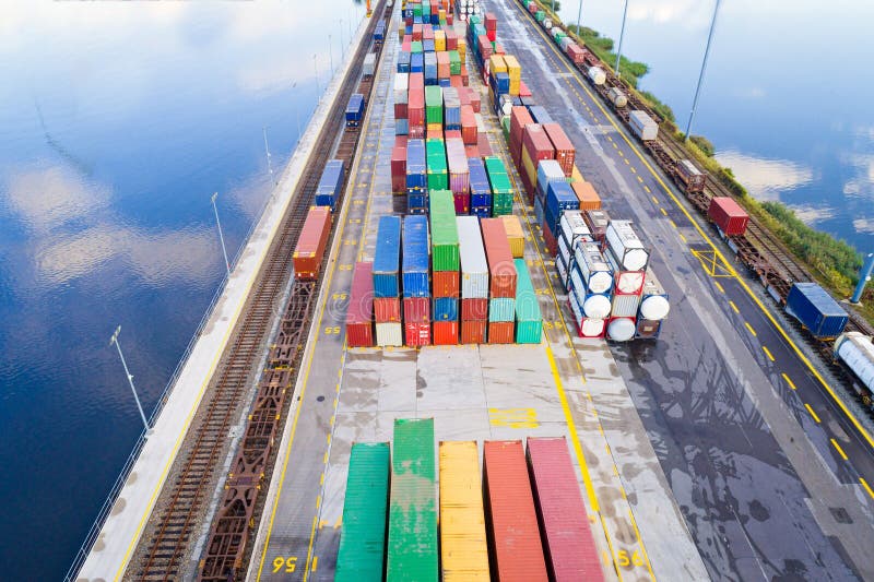 Cargo River Harbour with Shipping Containers. Stock Image - Image of ...