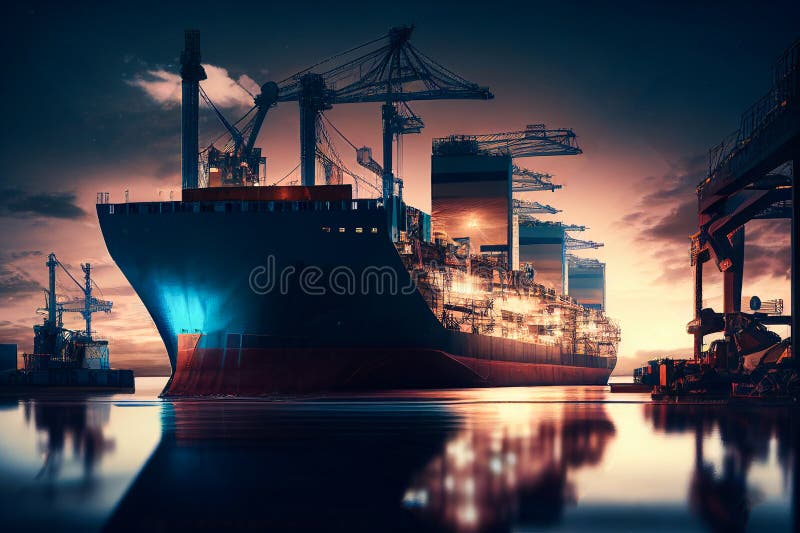 Cargo Sea Port with Cargo Freight Ships, Harbour Port Cranes Stock ...