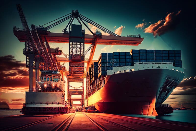 Cargo Sea Port with Cargo Freight Ships, Harbour Port Cranes Stock ...