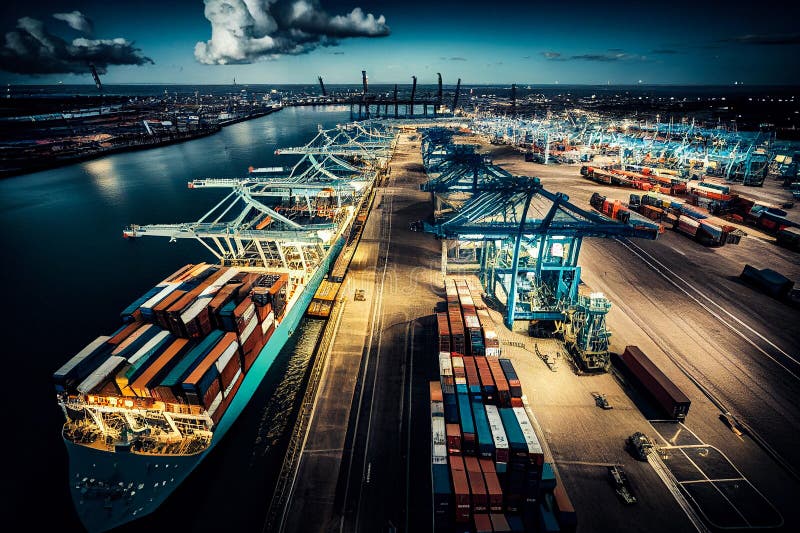 Cargo Sea Port with Cargo Freight Ships, Harbour Port Cranes Stock ...